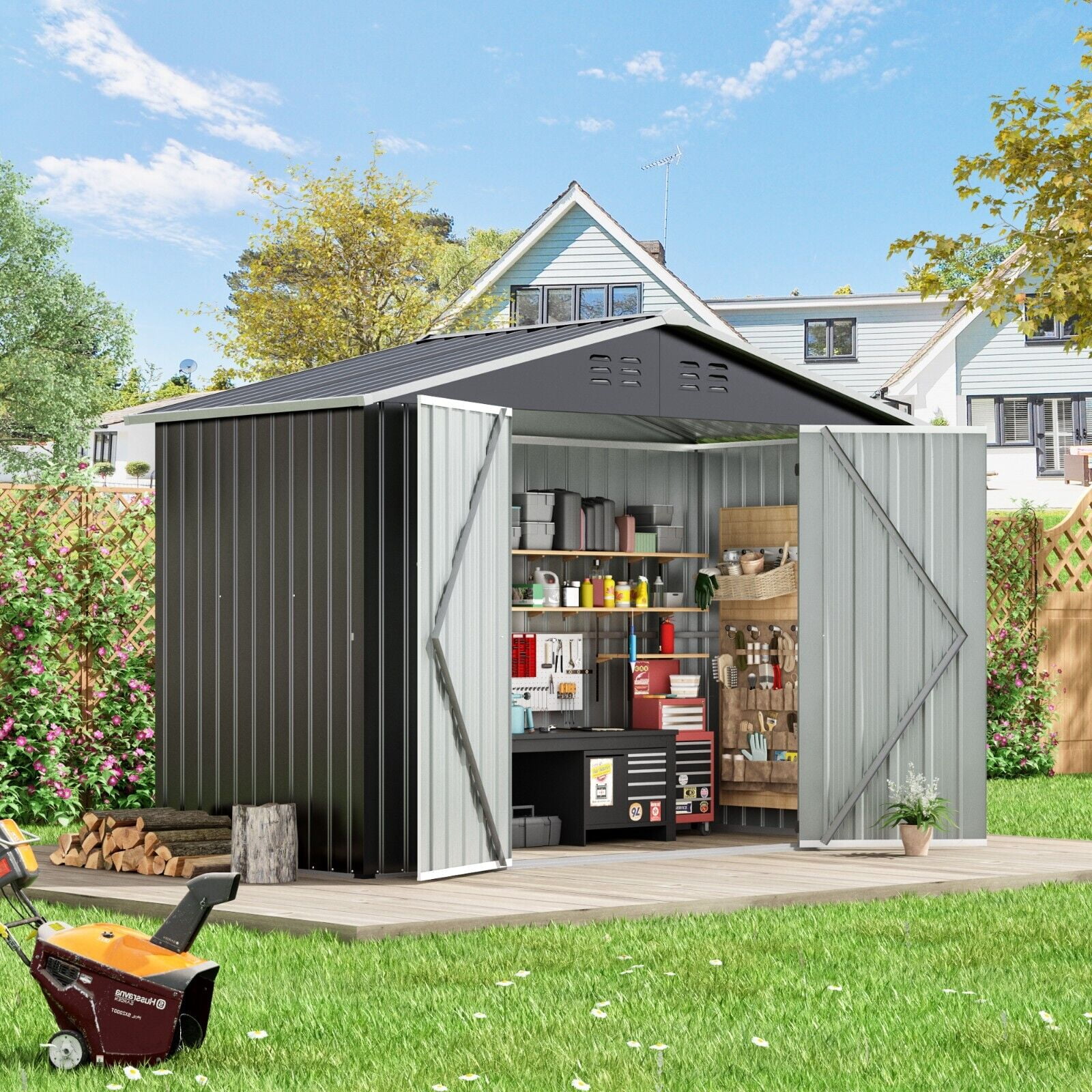 HXYHJ 9 x 4 ft. Outdoor Metal Storage Shed – Galvanized Steel Shed with ...