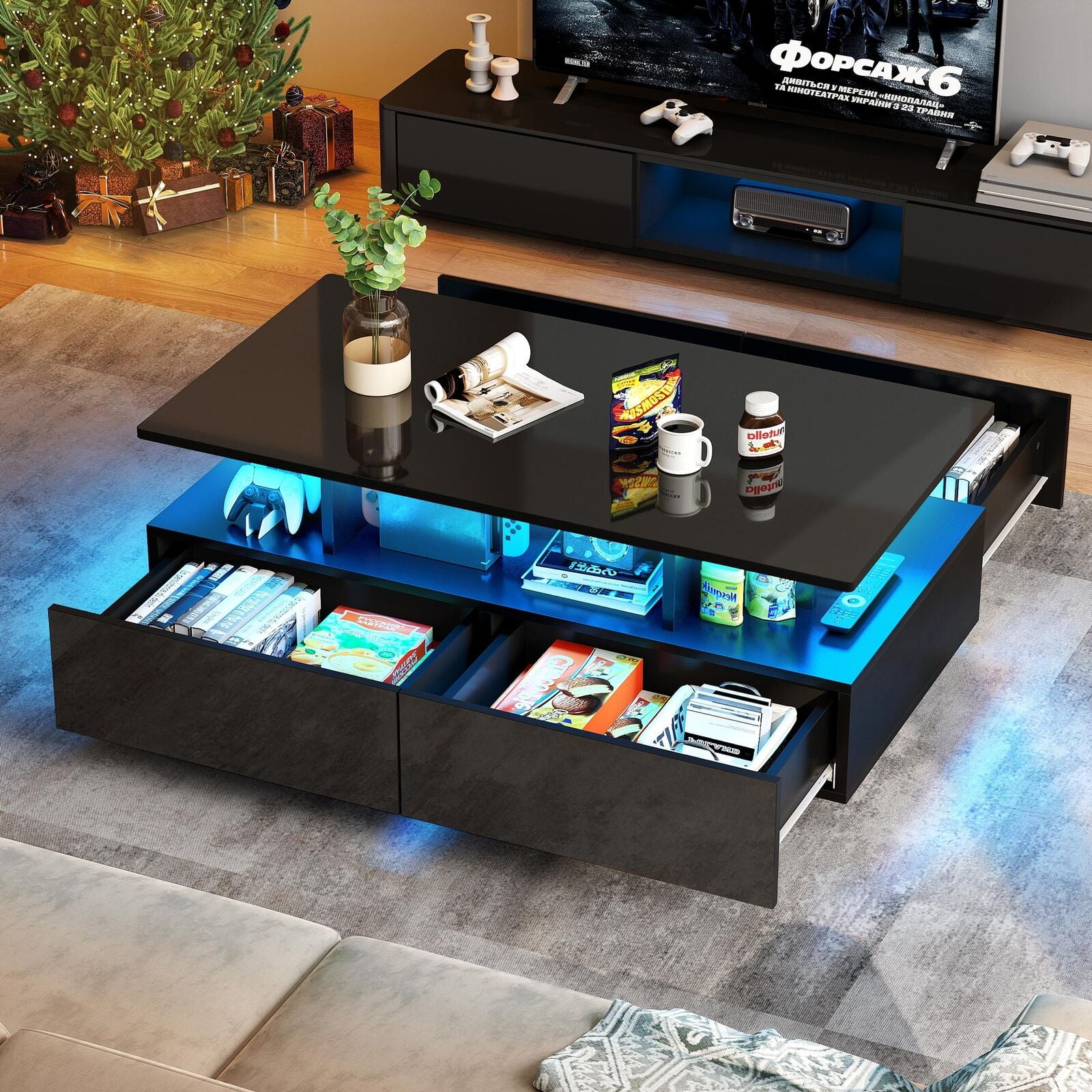 HXYHJ High Glossy 16 Color LED Coffee Table with 4 Drawers Storage ...