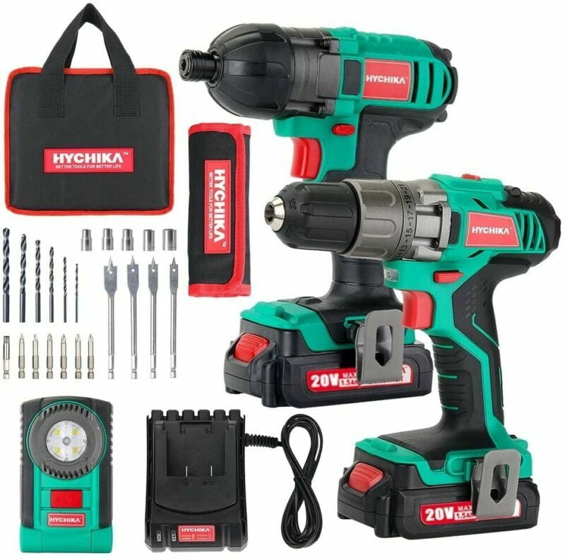 HYCHIKA Cordless Drill Driver 20V Max 35N.m &Impact Driver 2x1.5Ah ...