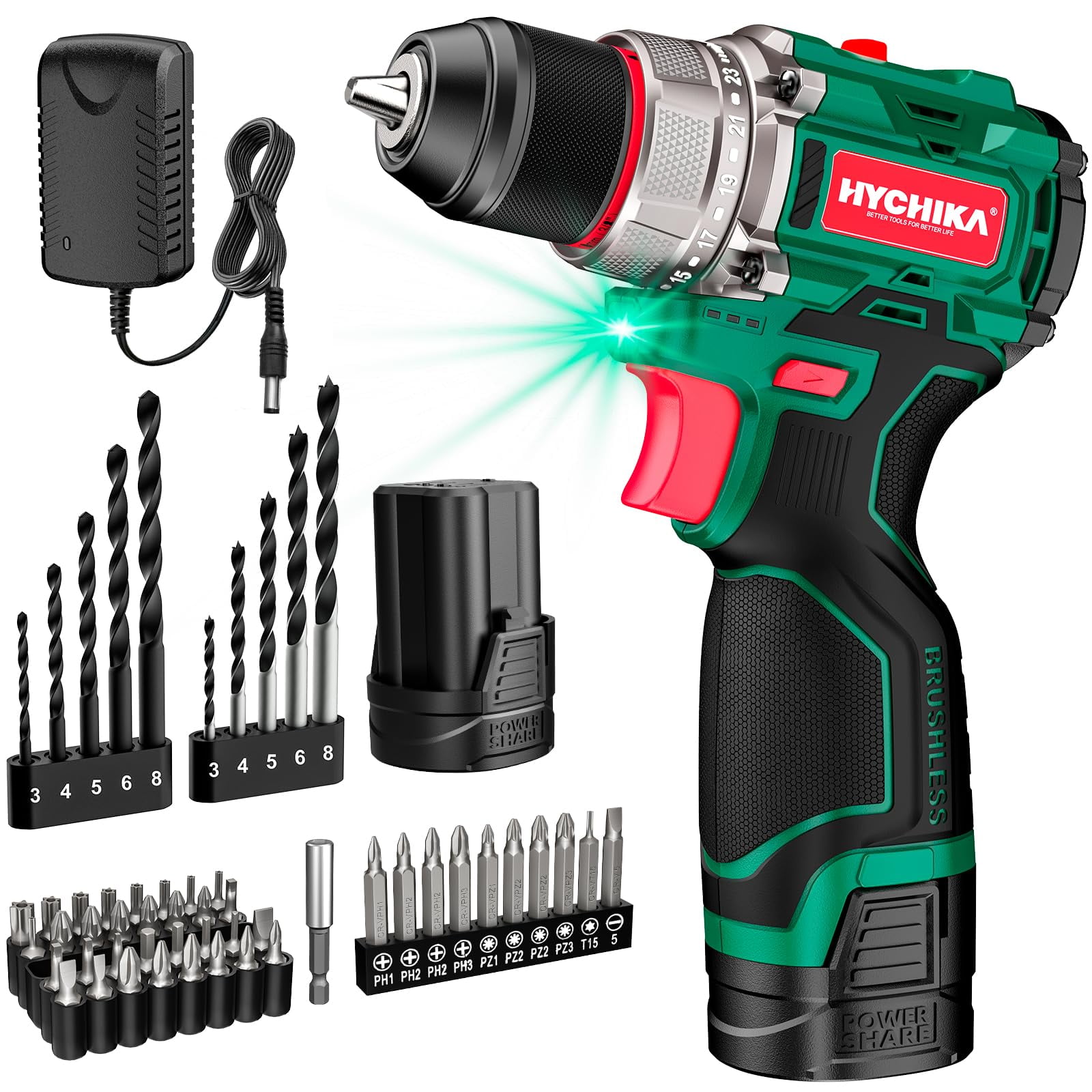 HYCHIKA Drill Set, True Brushless Power Drill Driver 16.8V Cordless ...