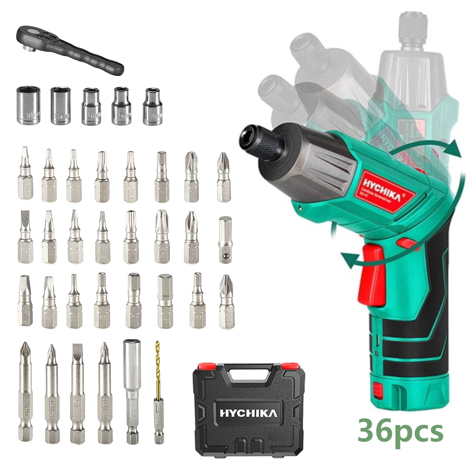 HYCHIKA Electric Screwdriver 6 N.m, 3.6V Cordless, LED Light, 36Pcs ...