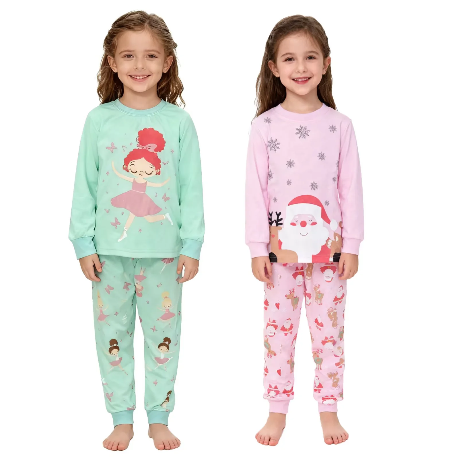 HYCLES Girls Christmas Pajamas Sets 4 Pieces Kids Cotton Sleepwear Long ...