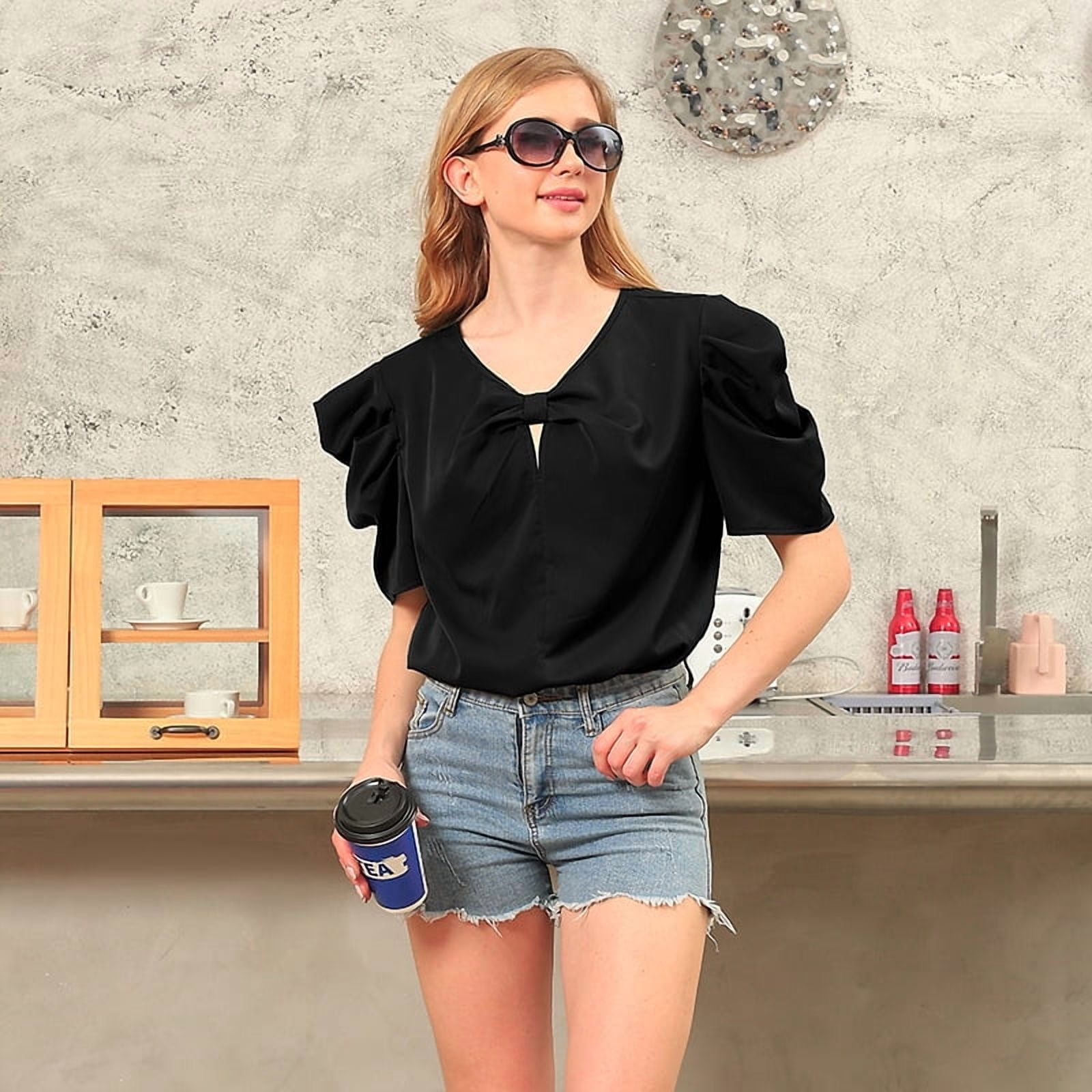 Pryla Women's Bow Front Puff Sleeve Shirt V-Neck Keyhole Tunic Blouse ...
