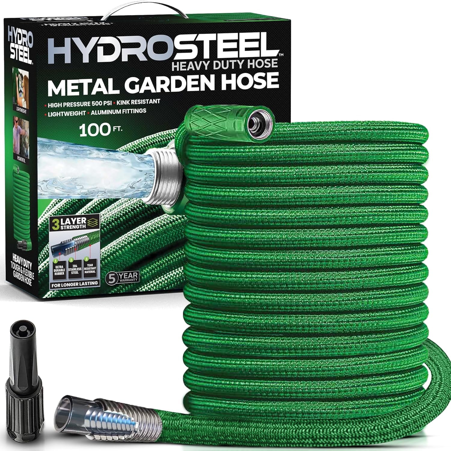 HYDROSTEEL Metal Garden Hose 100 Ft with Nozzle, Water Hose 100Ft ...