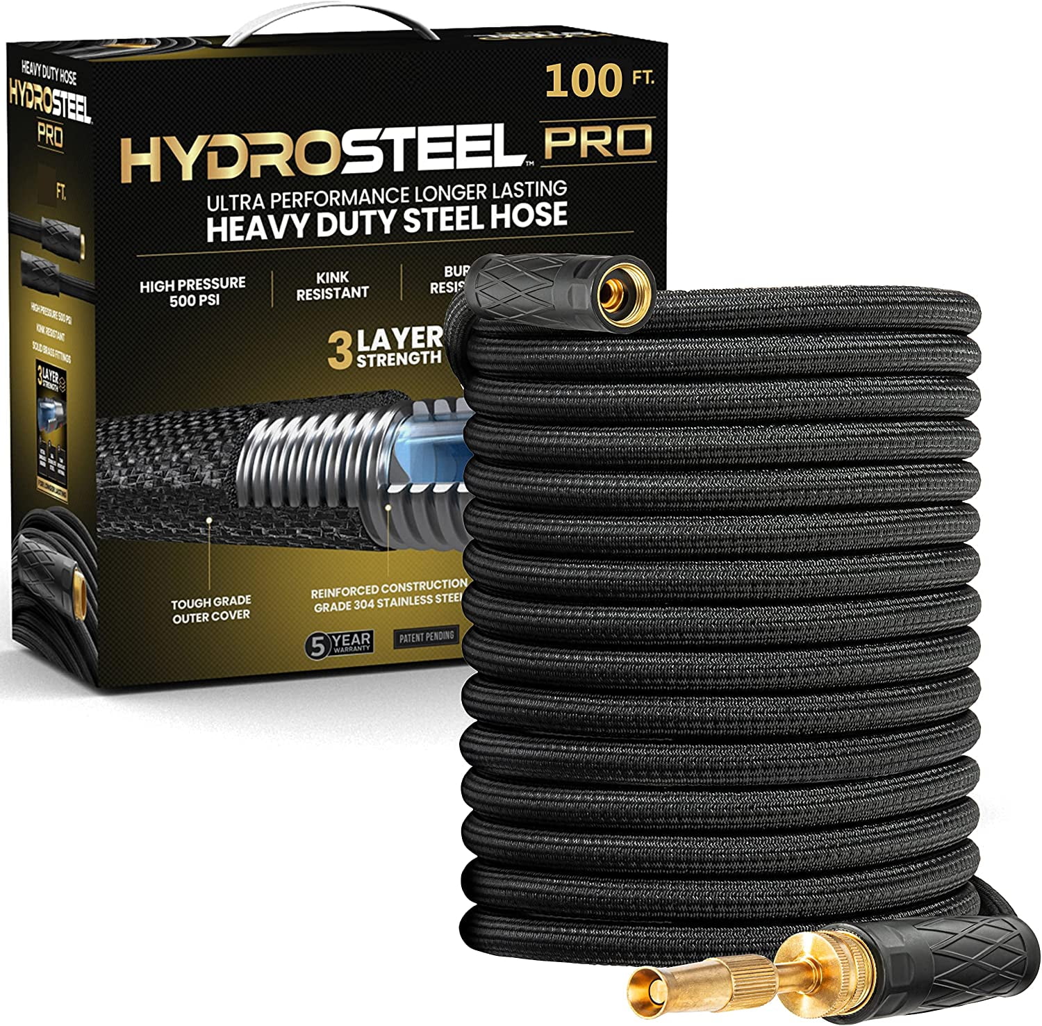 HYDROSTEEL PRO 3-Layer 100 Ft Garden Hose with Nozzle, Water Hose 100Ft ...