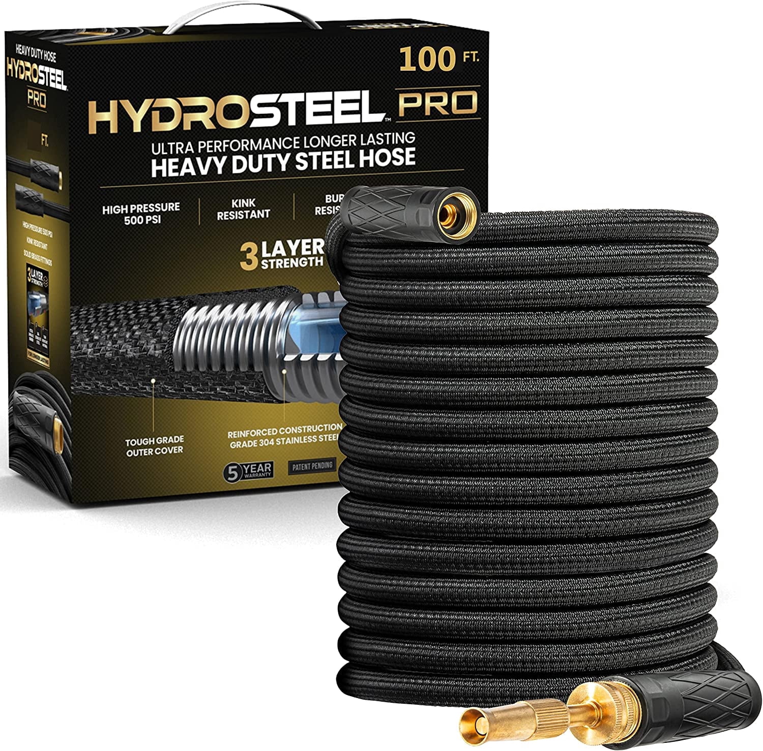 HYDROSTEEL PRO 3-Layer 100 Ft Garden Hose with Nozzle, Water Hose 100Ft ...