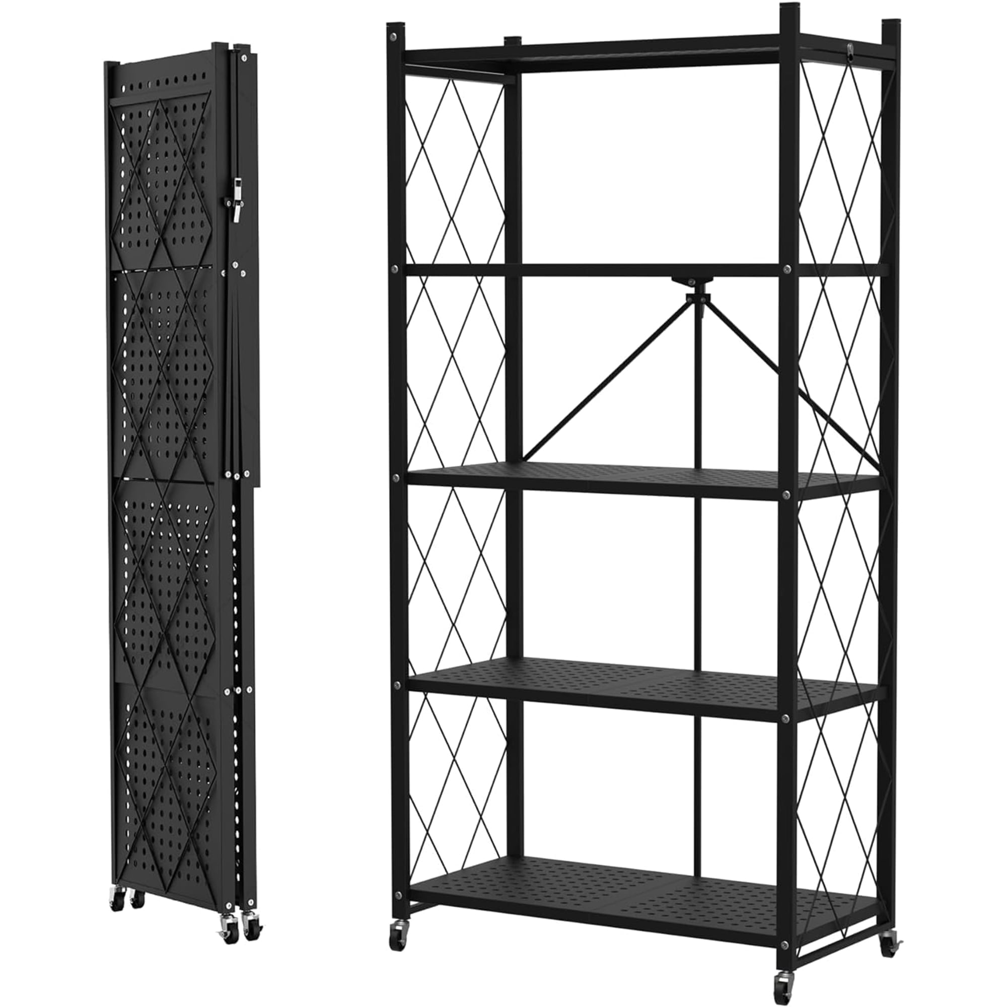 HYEASTR 5-Tier Foldable Storage Shelf with Wheels - Metal Collapsible ...