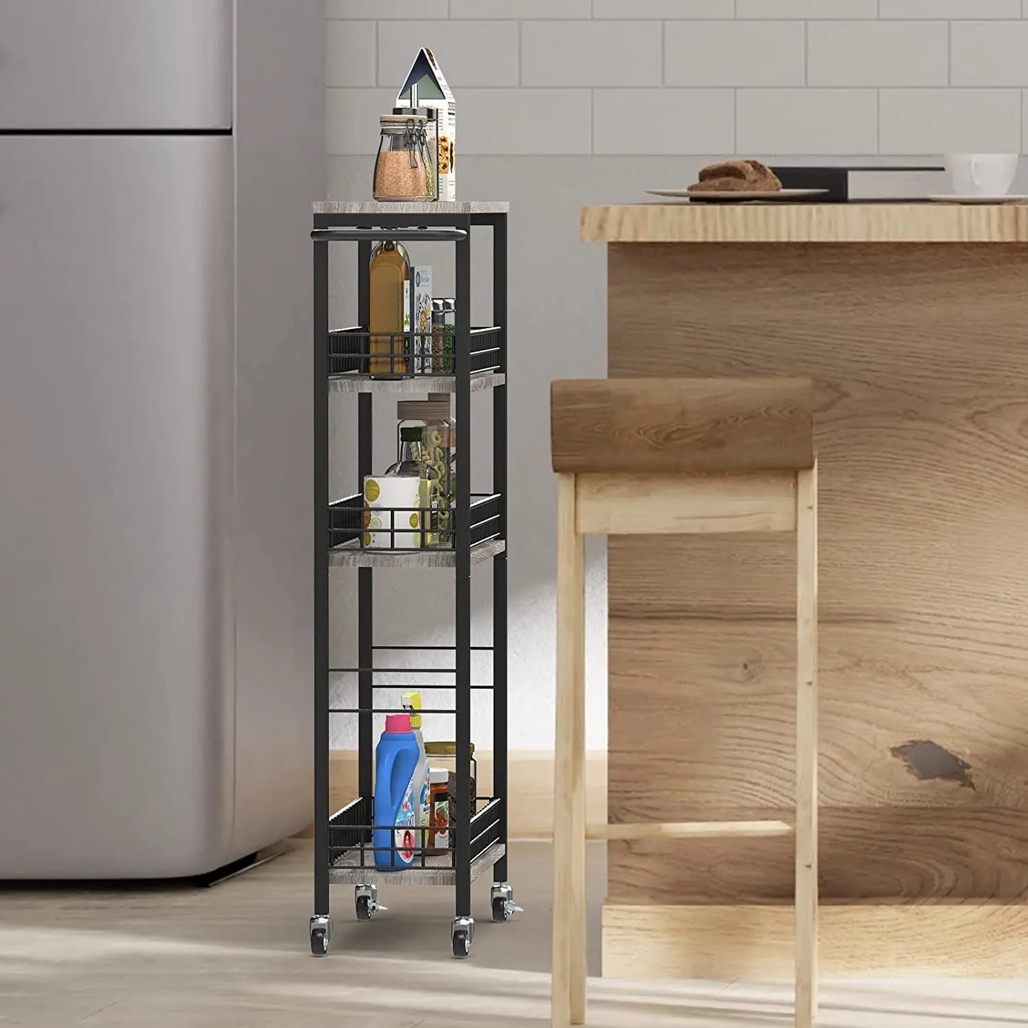 HYEURHD 4 Tier Slim Cart Narrow Laundry Cart on Wheels Utility Kitchen ...