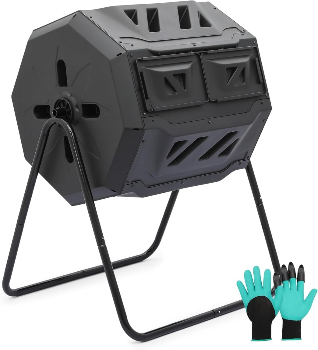 HYFF 43 Gallon Compost Tumbler, Outdoor BPA Free Large Dual Chamber ...