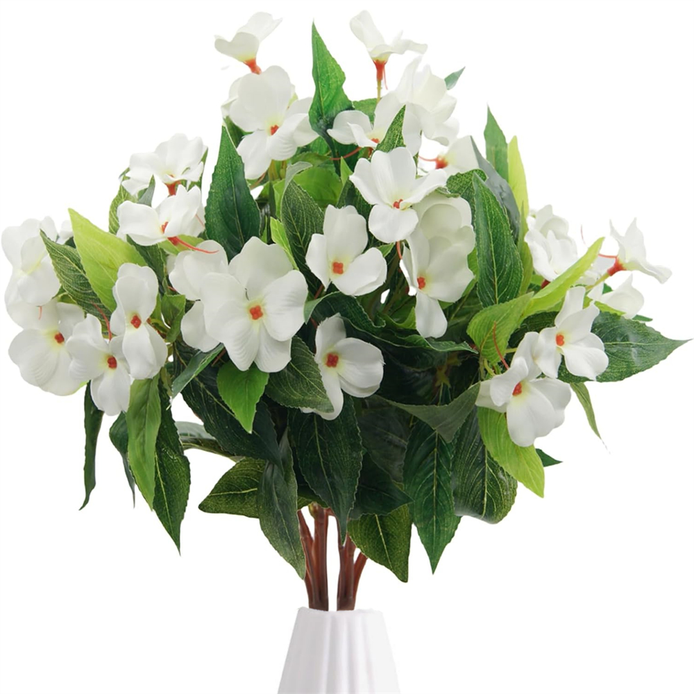 HYG Artificial Impatiens Bouquet White Faux Plastic Impatiens Flowers ...
