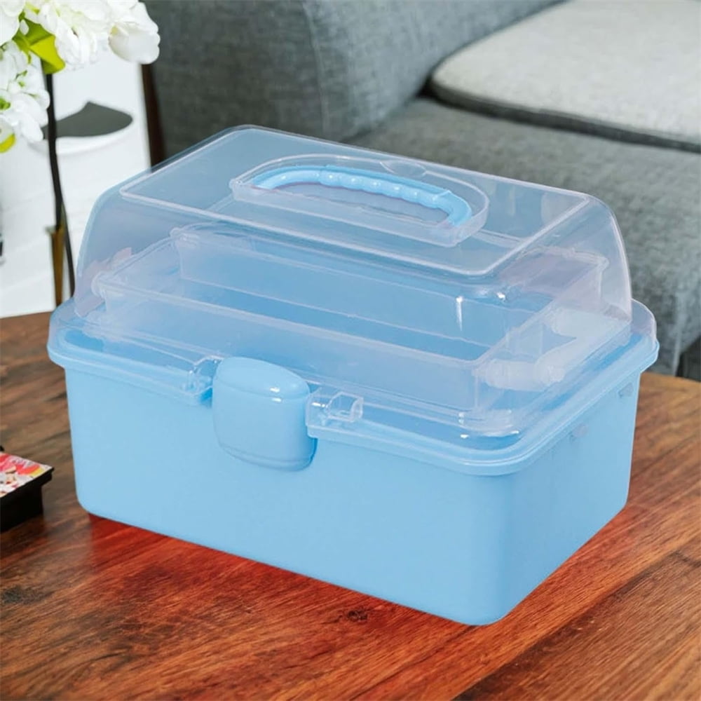 HYG Blue Clear Storage Box with Handle 1 Pack 3 Layer Compartments ...