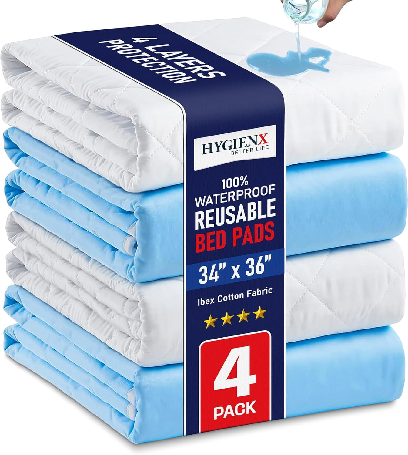 Canadian Linen Reusable Bed Pads, 34”x36” 4 Pack, 4 Layers Waterproof ...