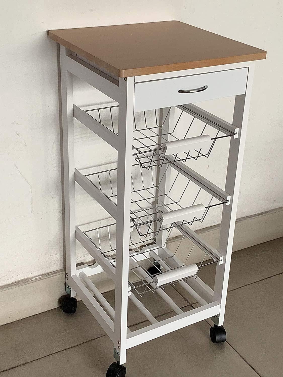 HYGRAD Kitchen Storage Cart 3 Tier Wooden Rolling with 3 Baskets ...
