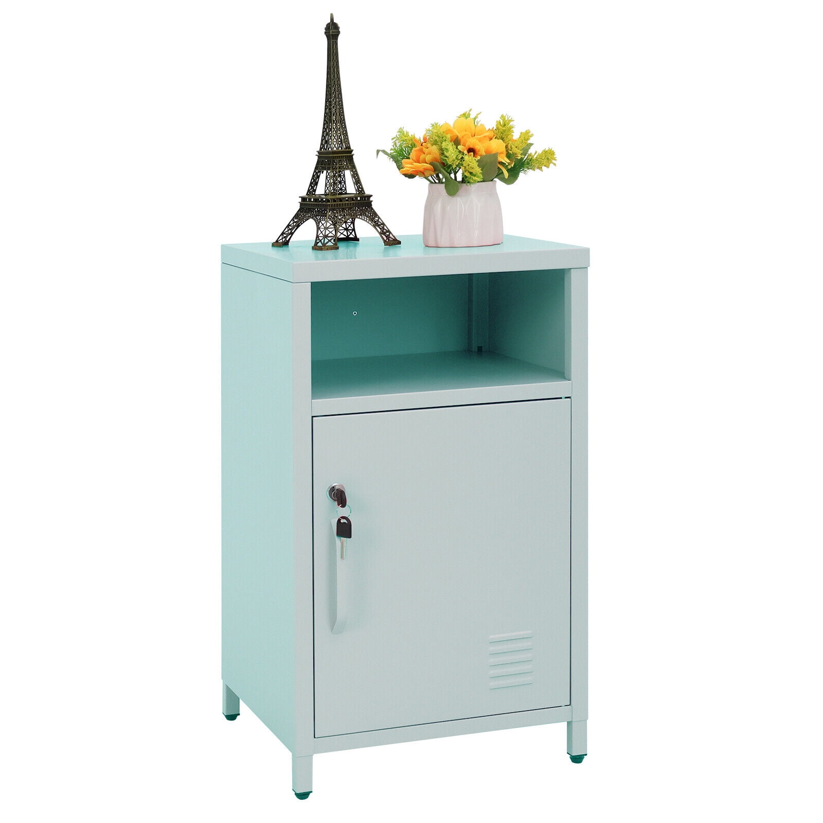 HYJY Compact Metal Nightstand with Lockable Cabinet and Open Shelf ...
