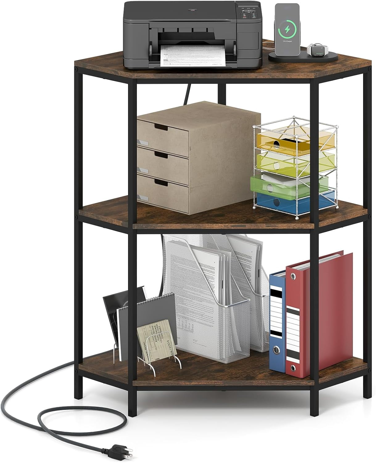 HYJY Corner Printer Stand, 3-Tier Corner Shelf with Charging Station ...