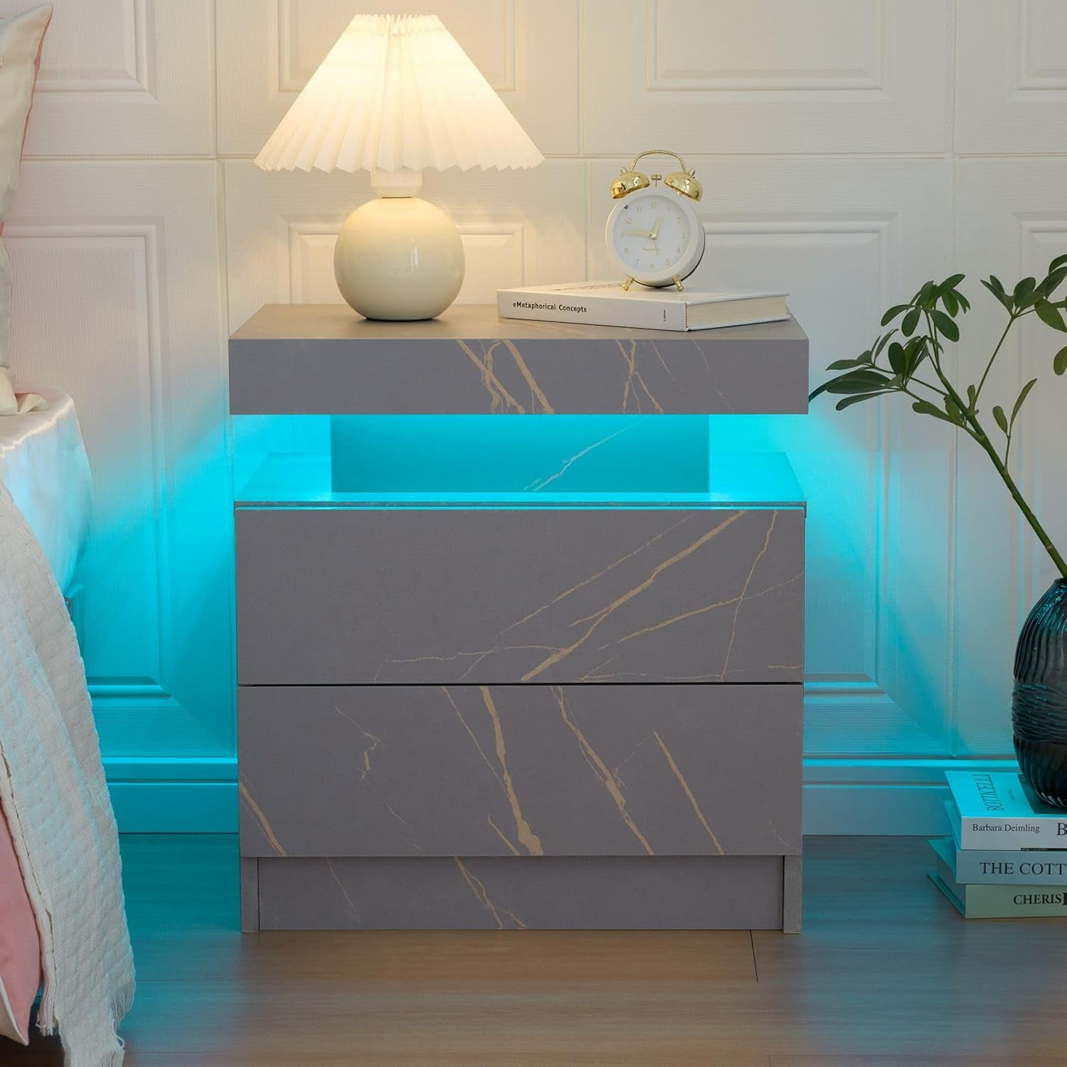 HYJY LED Nightstand LED Bedside Table with 2 Drawers, Wooden Cabinet ...