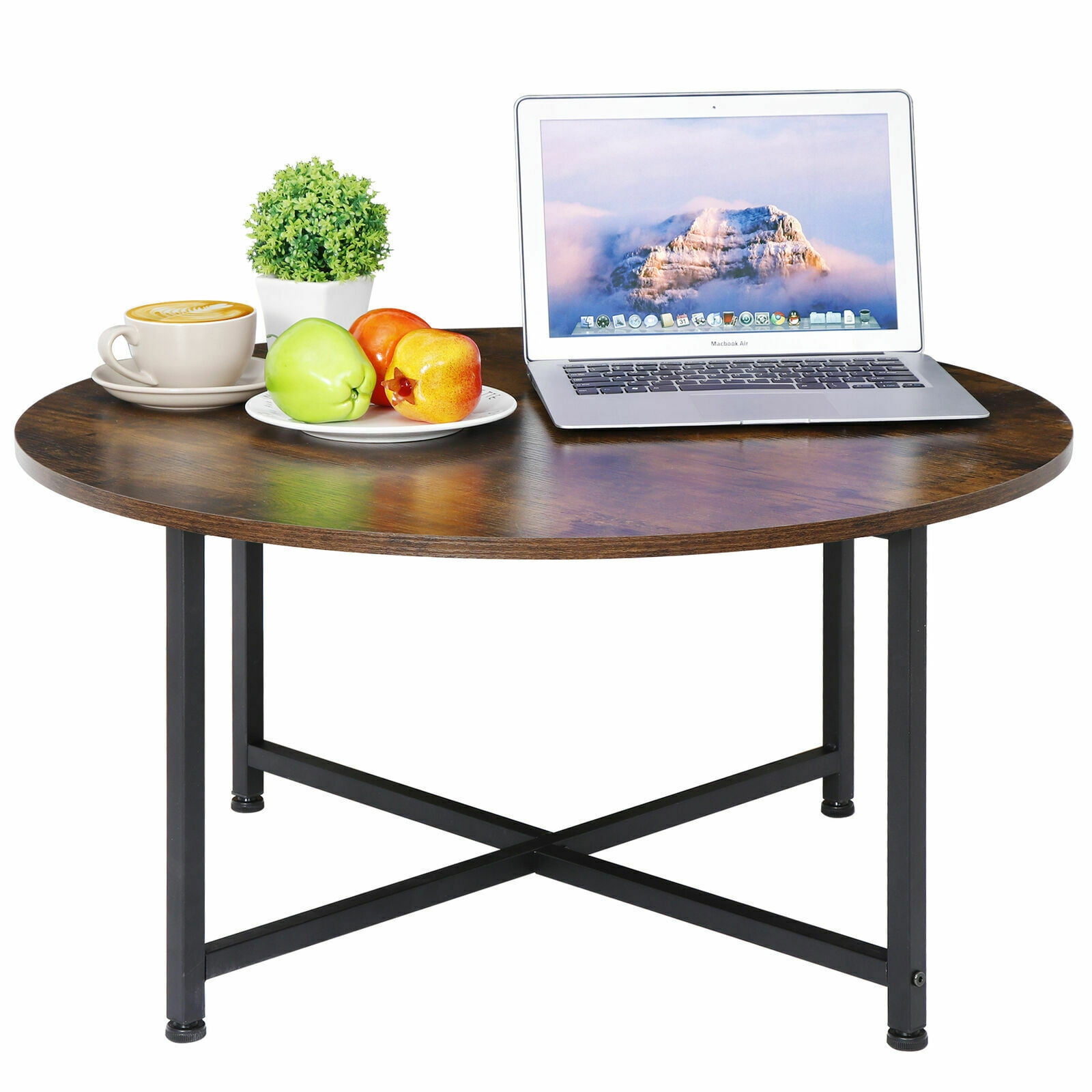 HYJY Wood Round Coffee Table Bottom X-Shaped Table Desk Metal Frame Tea ...