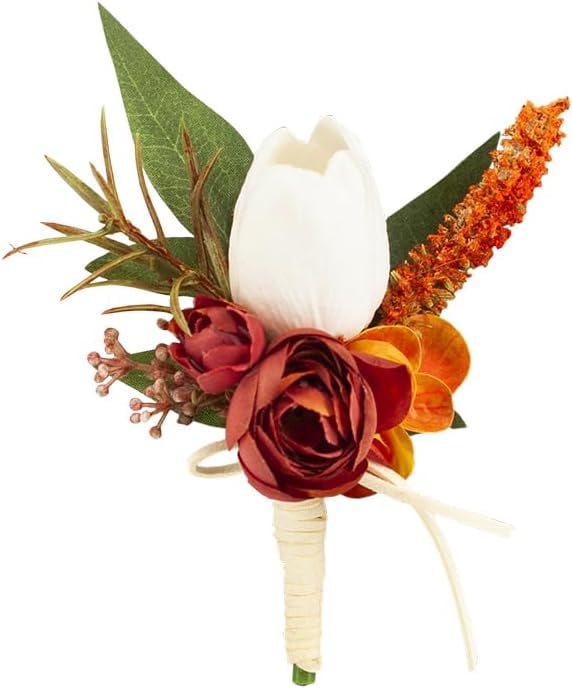 HYKE 1 pc Burdy & Orange Boutonniere for Men Wedding Single Groom ...