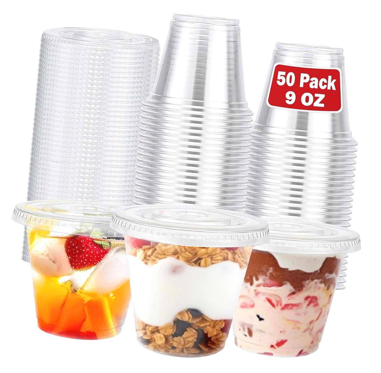 HYKE 100 Pack 9 oz Clear Plastic Cups with Lids, Dessert Cup, Fruit Cup ...