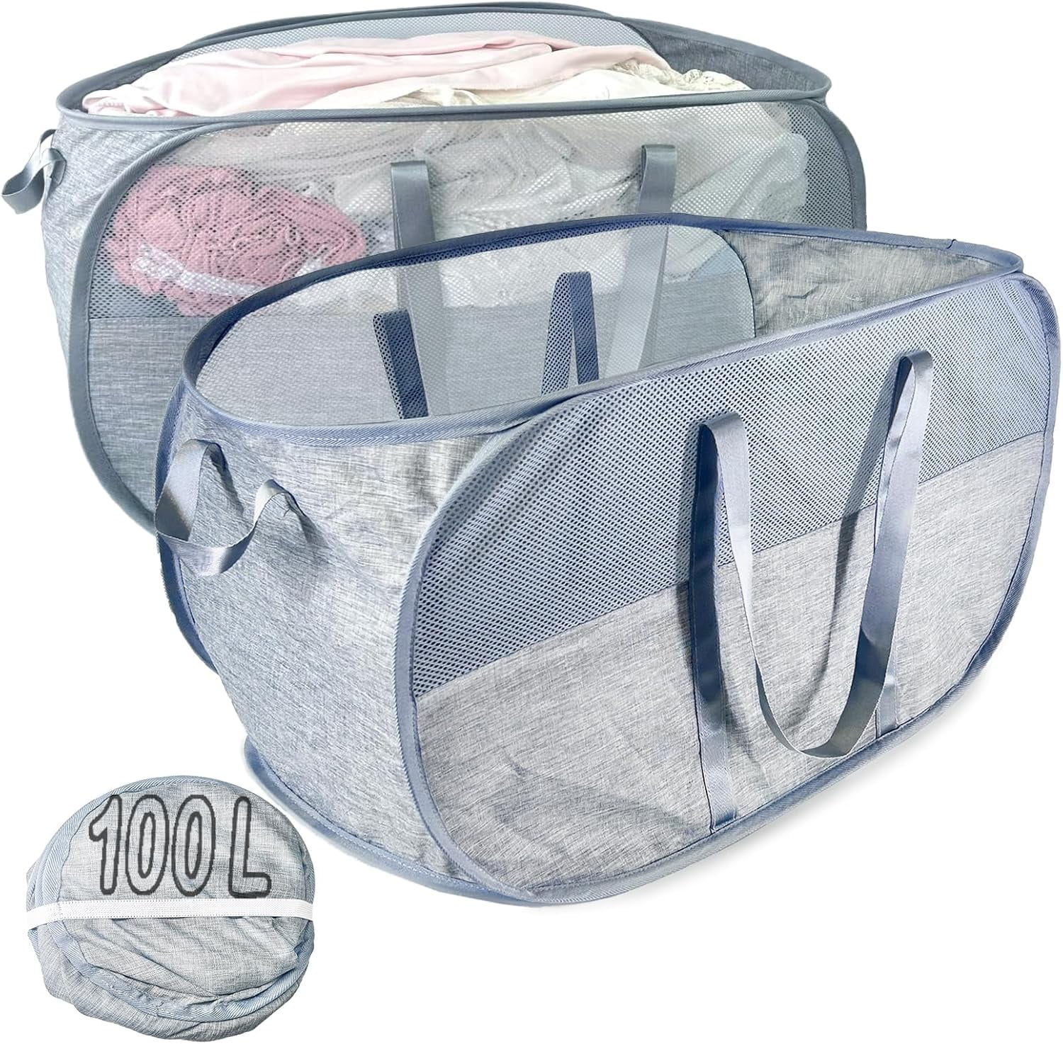 HYKE 100L Collapsible Laundry Baskets 2 Pack, Extra Large Mesh Pop Up ...