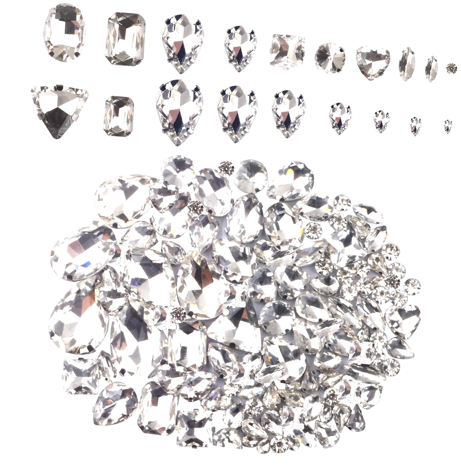 HYKE 100pcs Sew Rhinestones Mixed Shapes Clear Steel Flatback Silver ...