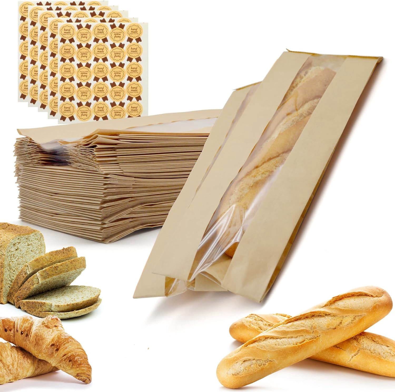 HYKE 105 PACK Paper Bread Bags with Stickers, Long French Bread Bags ...