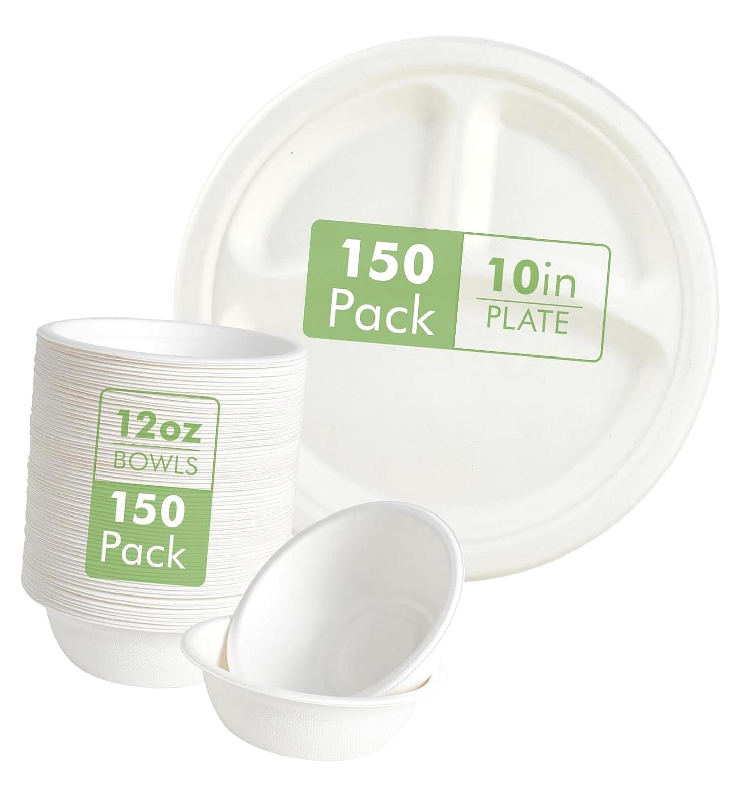 HYKE 150 Pack Paper Bowls 12 oz and 150 Pack 10 inch 3 Compartment ...