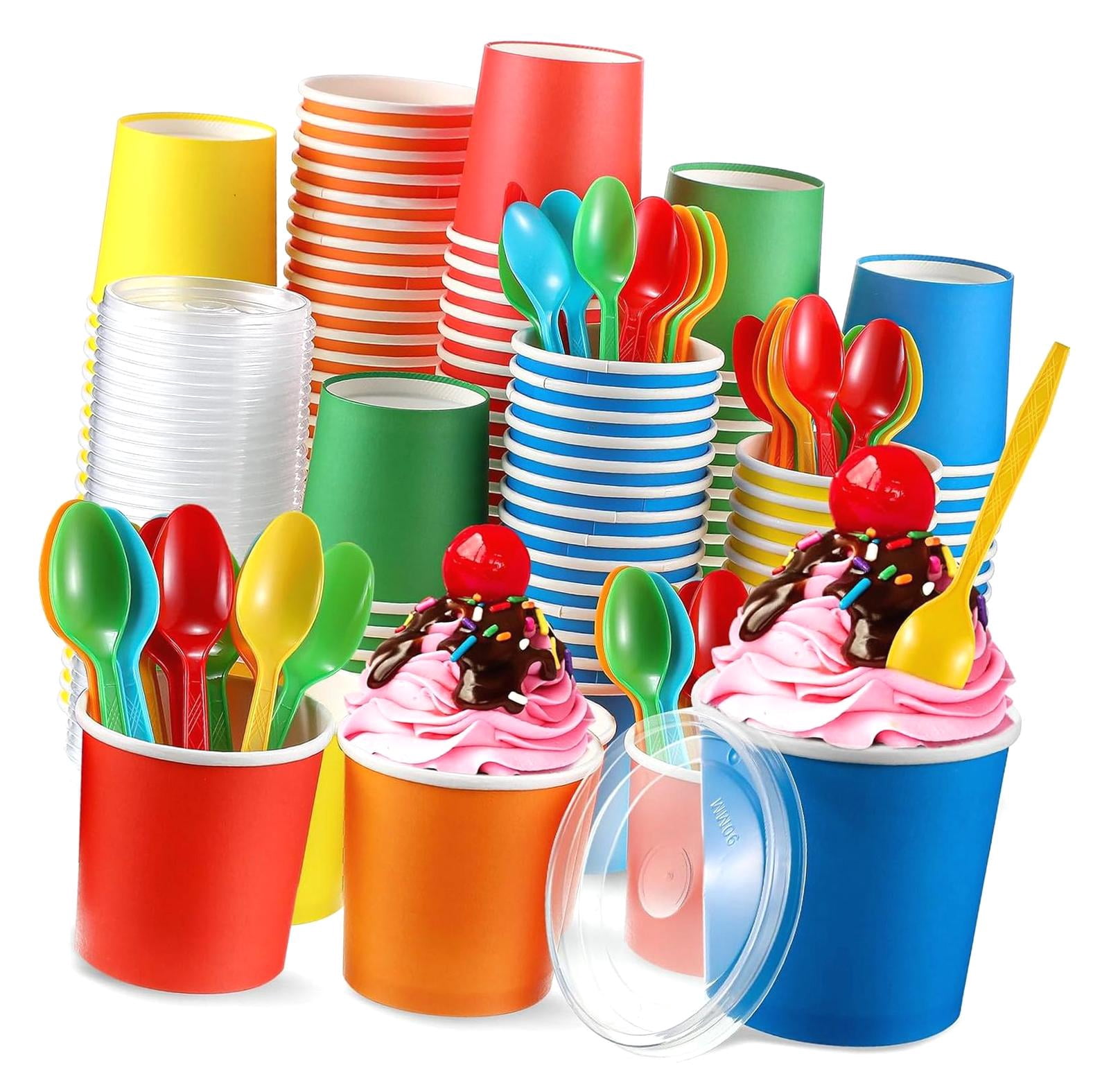 HYKE 150 Set of 12 oz Colorful Paper Ice Cups with Lids and Spoons ...