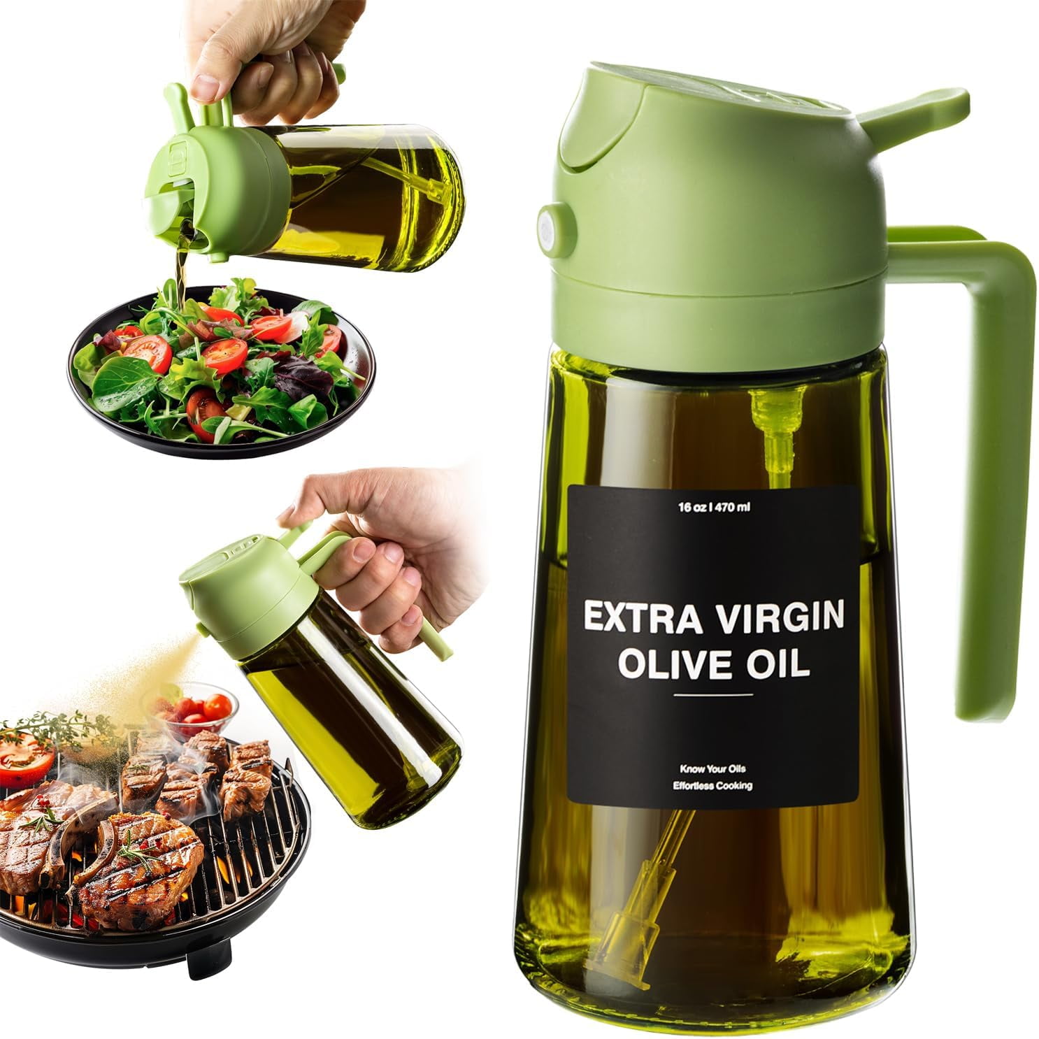 HYKE - 16oz/470ml Olive Oil Dispenser for Kitchen with Stickers - 2 in 1 Olive Oil Sprayer for ...