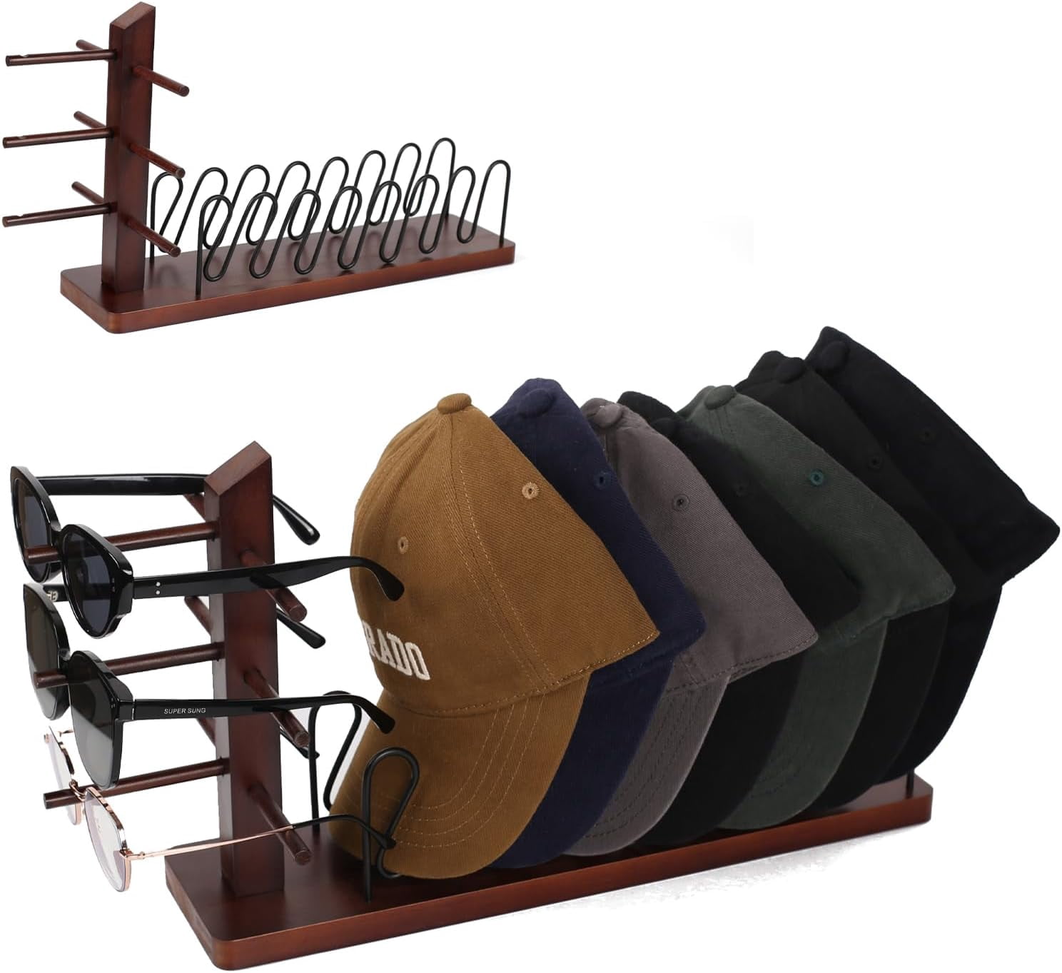 HYKE 2-In-1 Wooden Hat Organizer with Glasses Holder Stylish Counte ...
