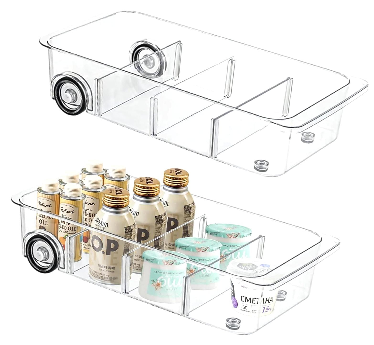 HYKE 2 Pack Divided Rolling Refrigerator Tray Clear Roll Out Fridge ...