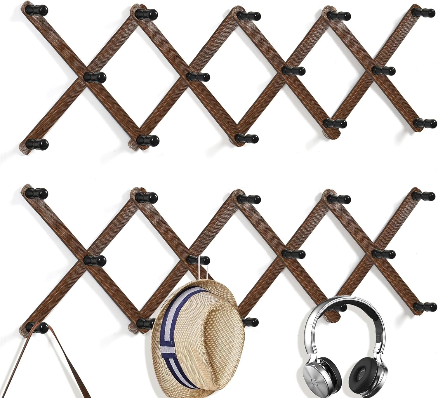 HYKE 2 Pack Hat Rack Expandable Coat Rack Wall Mount, 14 Pegs Accordion ...