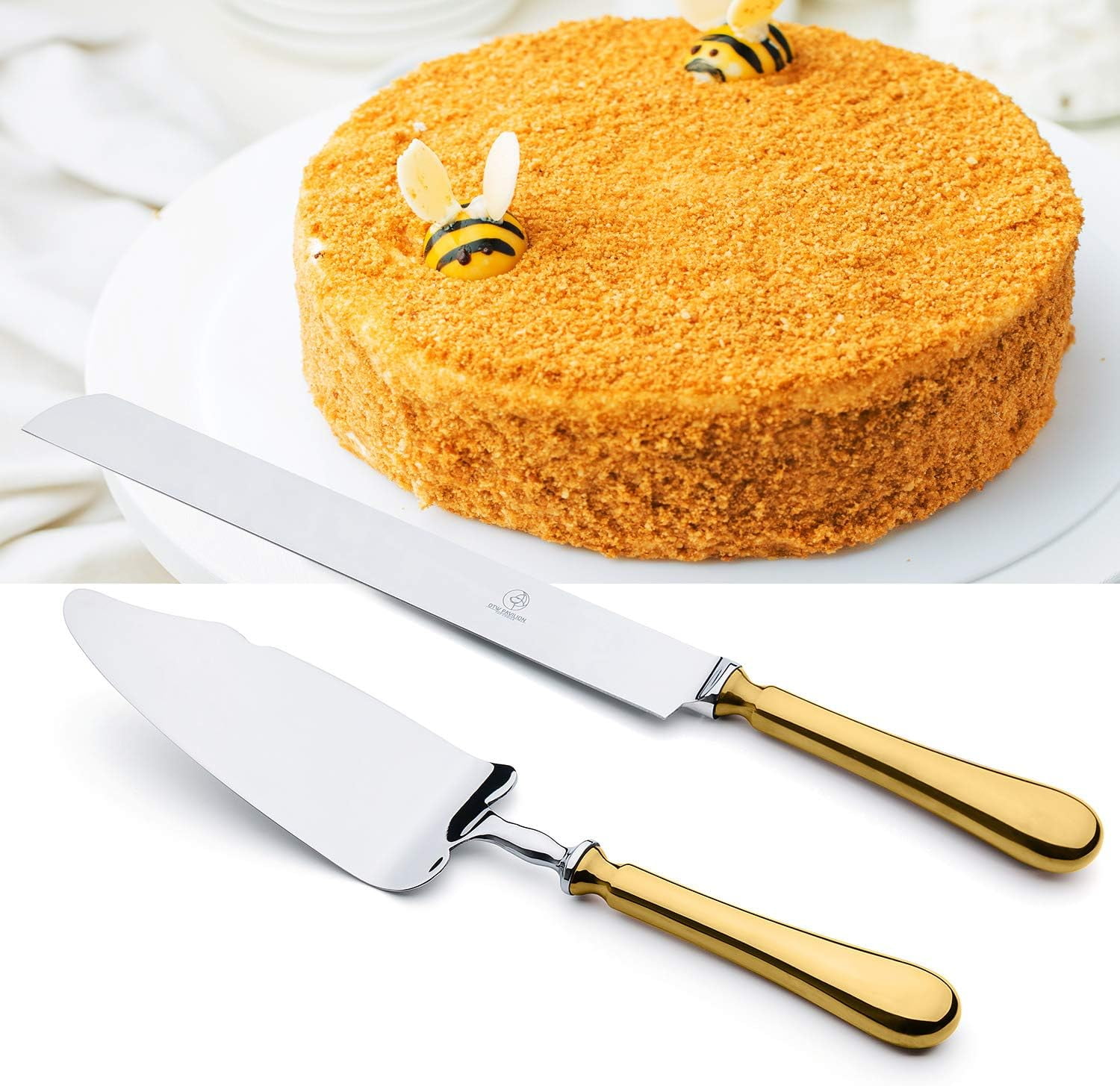 HYKE 2 Piece Wedding Cake Knife and Server Set,Gold 18/10 Stainless ...