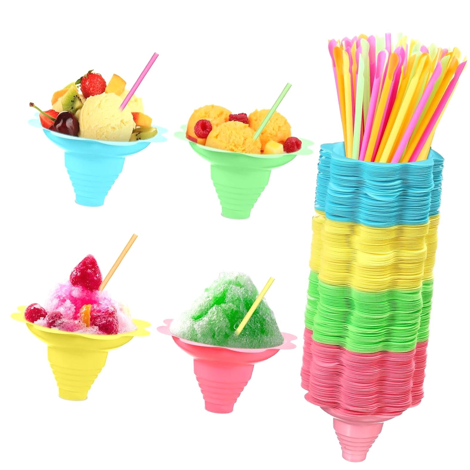 HYKE 200 Pieces 4oz Vibrant Snow Cone Cups with Spoon Straws, Shaped ...