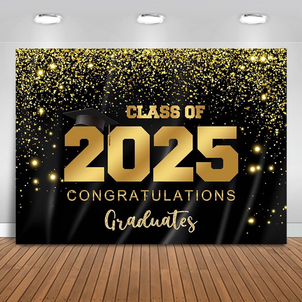 HYKE 2025 Graduation Party Backdrop Class of 2025 Black Gold Glitter ...