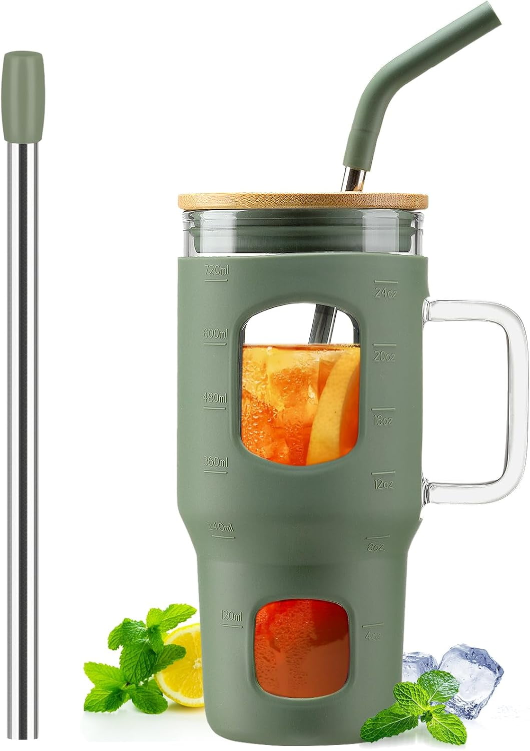 HYKE 24 oz Glass Tumbler with Lid and Straw, Iced Coffee Cup with ...