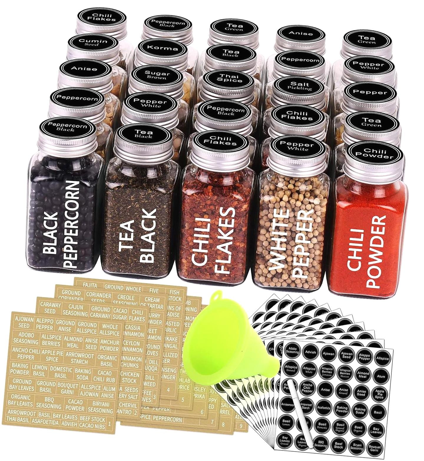 HYKE 25 Glass Spice Jars 6 oz Empty Square Spice Bottles with 703 Spice ...