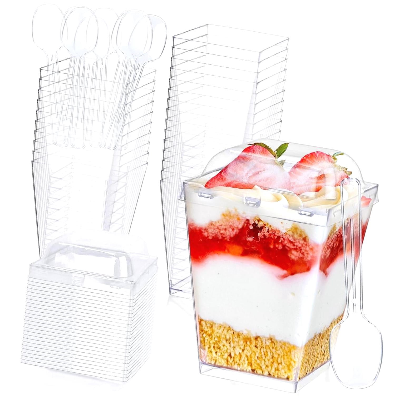 HYKE 25 Pack 5 oz Plastic Dessert Cups with Lids and Spoons Square ...