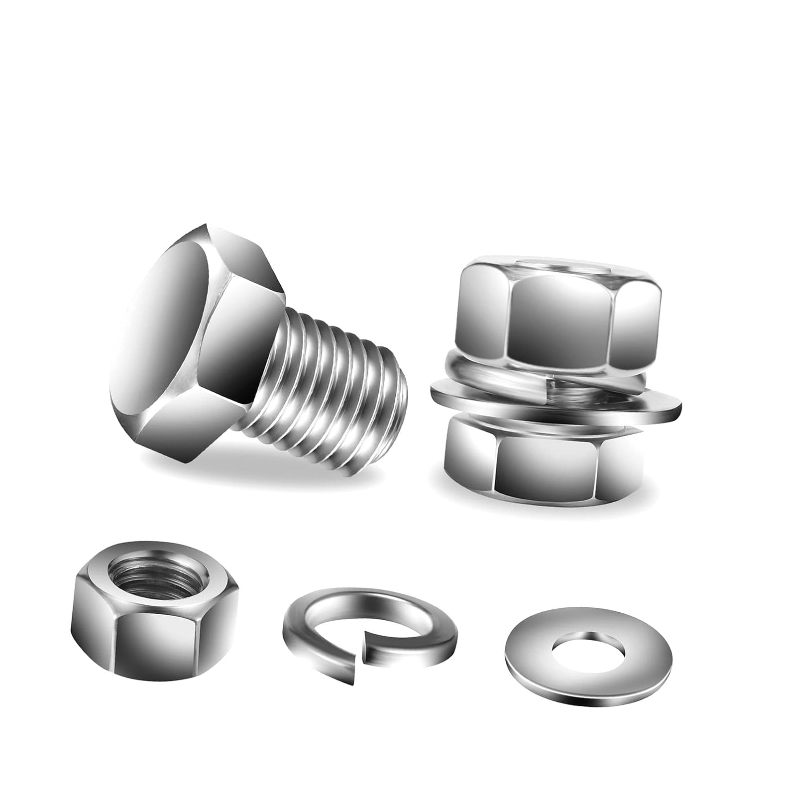 HYKE 3/8-16 5/8" Screw Bolts, Nuts, Flat Lock Washers, 10 Pieces 18-8 ...
