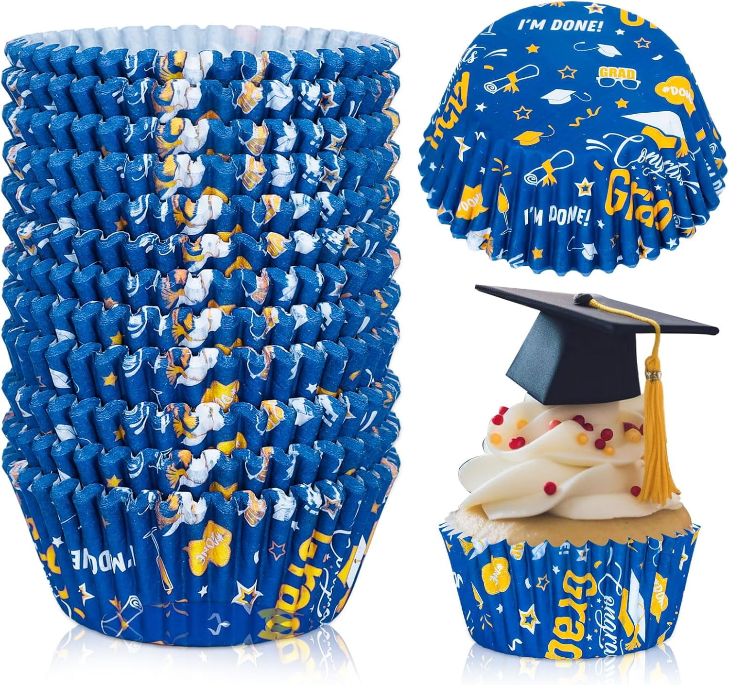 HYKE 300Pcs Graduation Cupcake Liners Congrats Grad Paper Ba Cups Blue ...