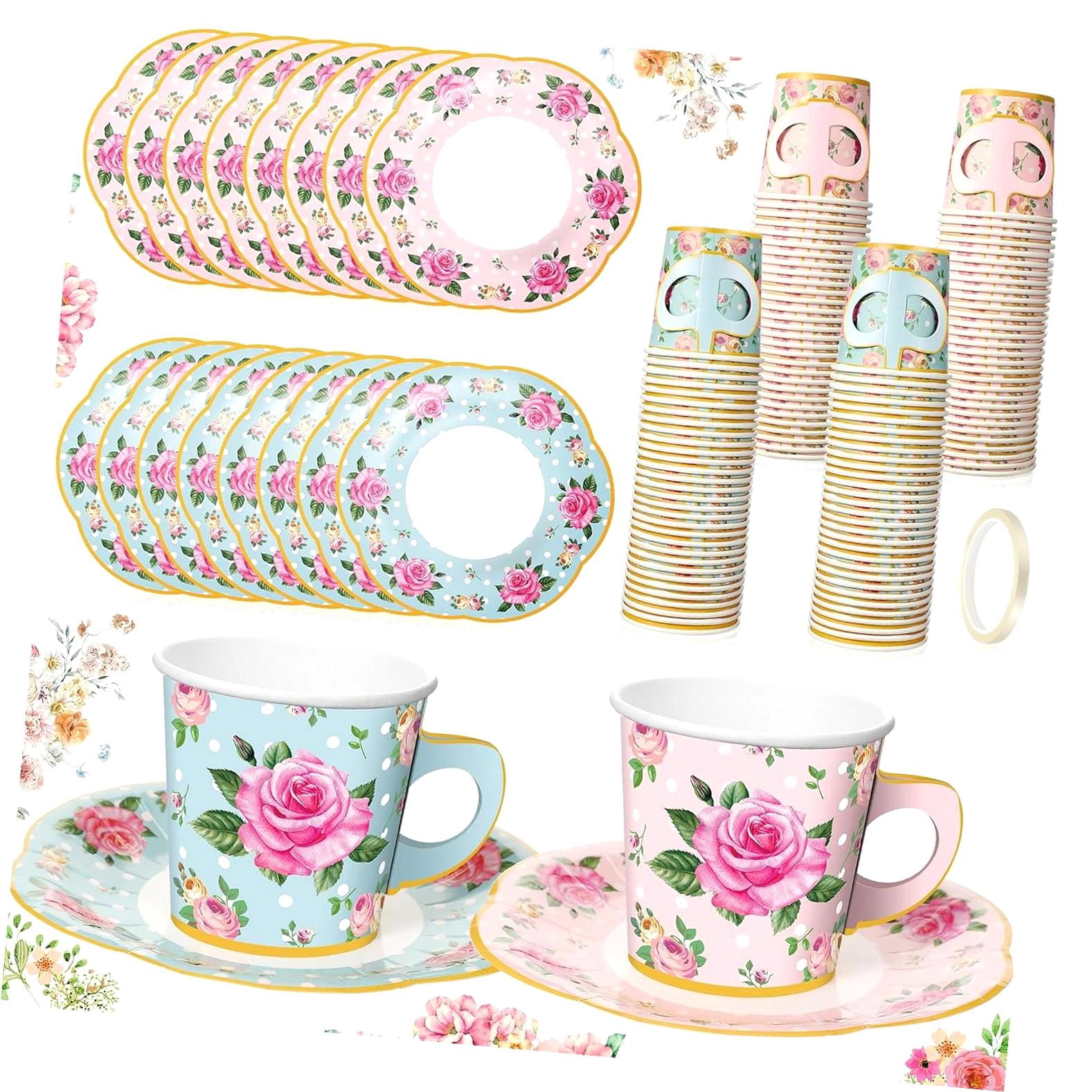 HYKE 36 Sets Tea Party Decorations Floral Paper Tea Cups with Handle ...