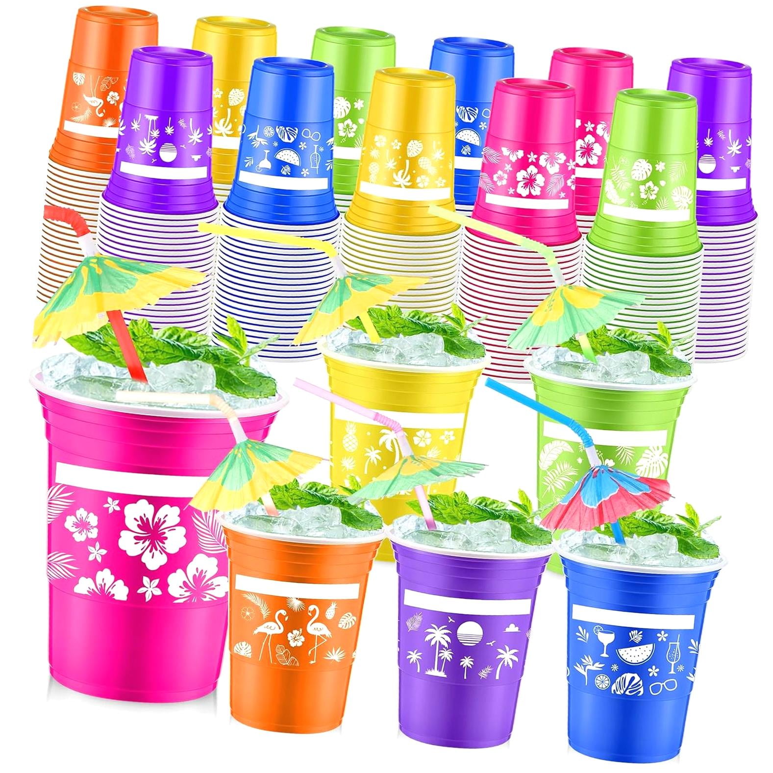 HYKE 48 Pcs 16 oz Luau Cups with Umbrella Straws Plastic Tropical Party ...