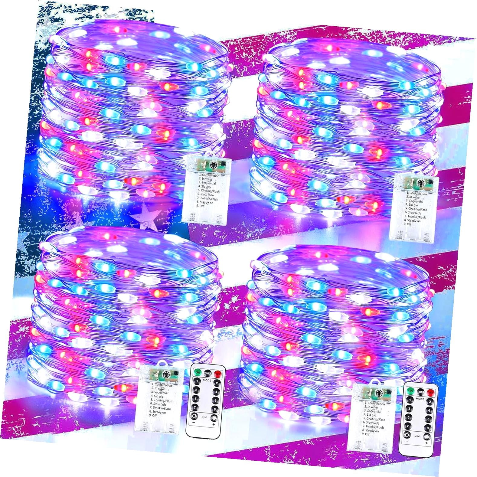HYKE 4Pack 80FT 240LED Red White and Blue Fairy Lights Battery Operated with Remote ...
