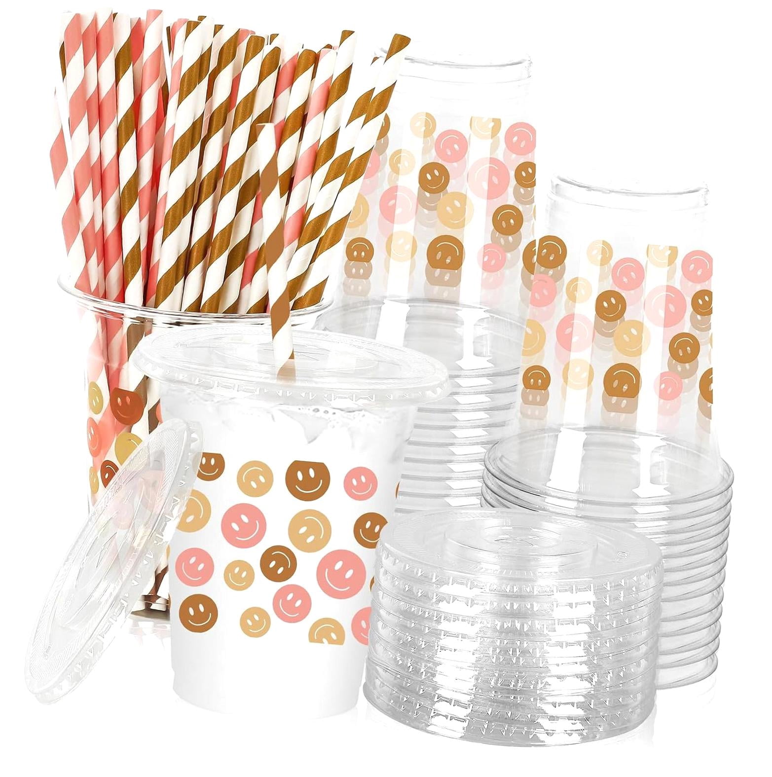 HYKE 50Pcs Happy Face Plastic Cups with Lids and Straws Smile Face ...