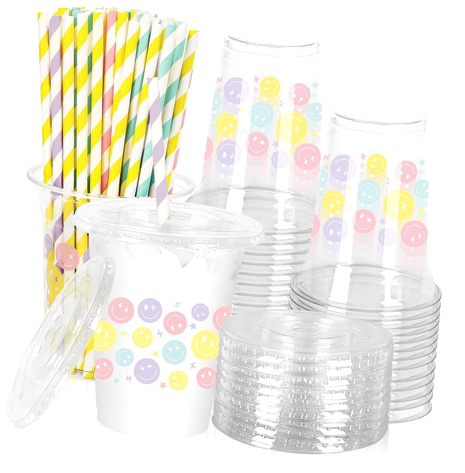 HYKE 50Pcs Happy Face Plastic Cups with Lids and Straws Smile Face Checkered Clear Plastic Cups ...