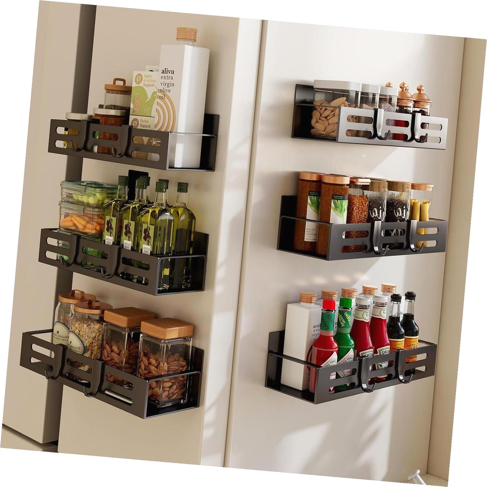 HYKE 6-Pack Magnetic Spice Rack Set for Refrigerator, Black Magnetic Shelf for Kitchen Cabinet ...