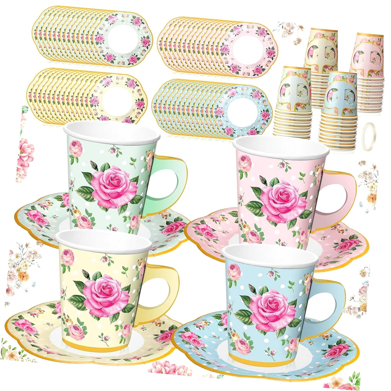 HYKE 60 Sets Tea Party Decorations Floral Paper Tea Cups with Handle ...