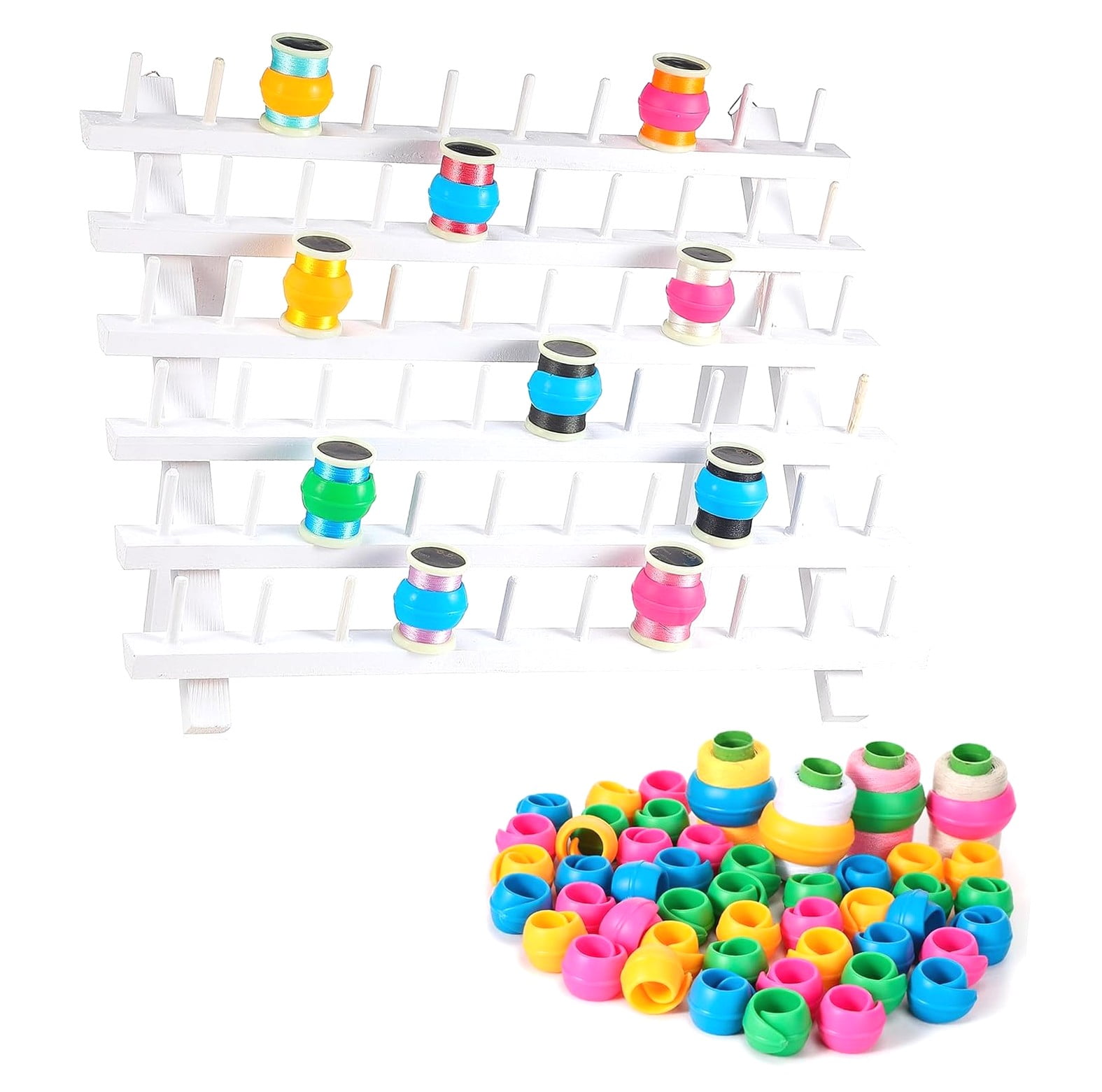 HYKE 60 Spools Wooden Thread Rack and 48 Pieces Thread Spools Savers ...