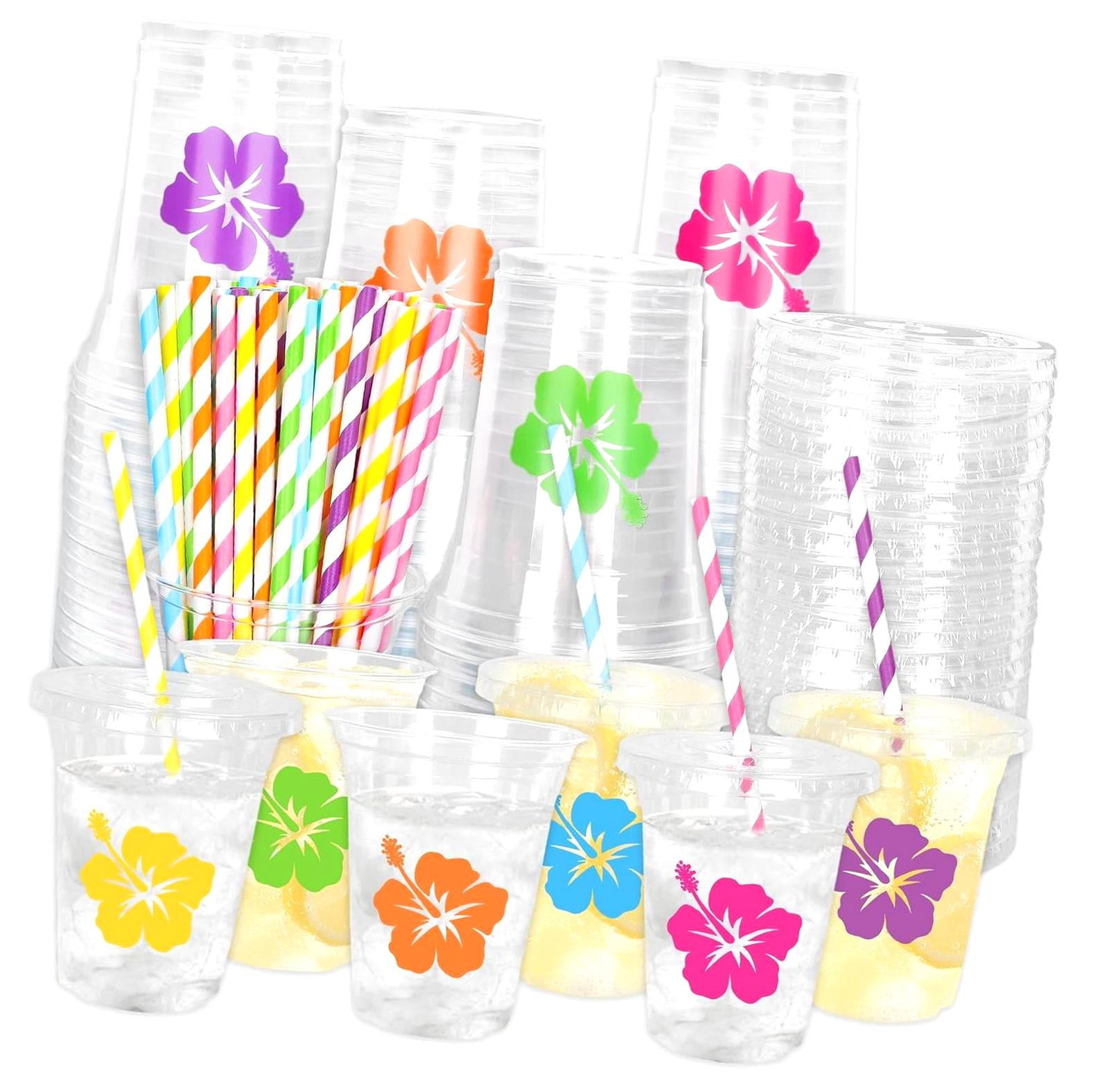 HYKE 60Pcs 12Oz Pastel Floral Plastic Cups with Lids and Straws for ...