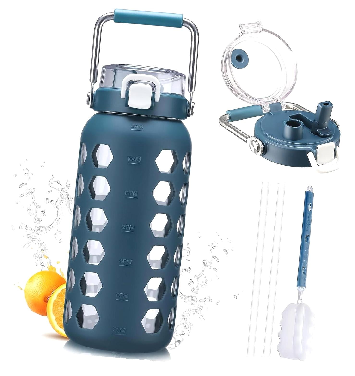 HYKE 64oz Glass Bottle with Straw and Lid, Half Gallon Water Container with Time Indicator ...